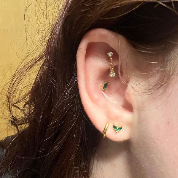 20G/18G/16G Emerald Baguette Push Pin Labret • Threadless Flat Back Earring • Tragus Stud • Flat ...