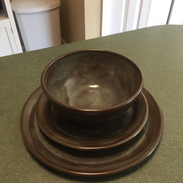 3 Piece Pottery Dinnerware Set in Iron Lustre Handmade Dishes. **made ...