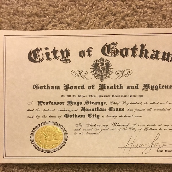 Exclusive Arkham Asylum Certificate of SANITY W/ YOUR Name! Signed by ...