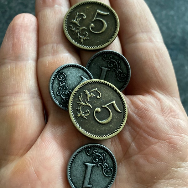 Set of Silver and Gold Metal Coins of Value 1 and 5 for Board Games or ...
