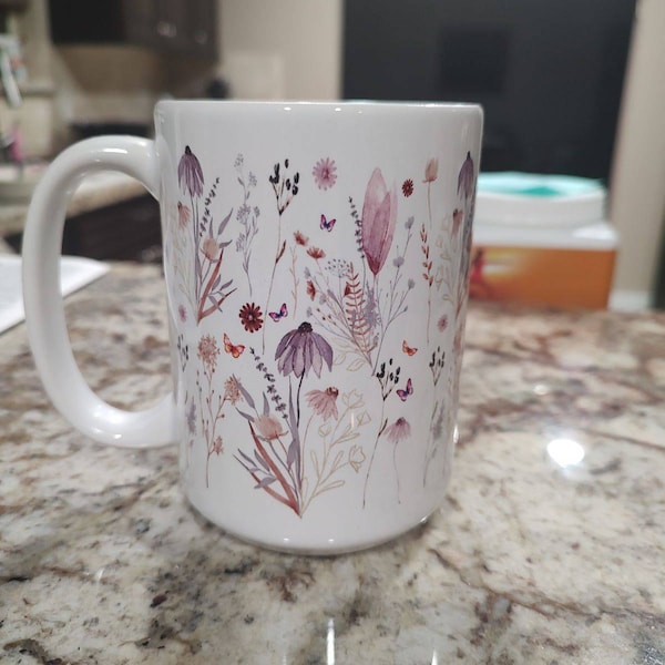 Boho Wildflowers Cottagecore Coffee Mug, Pressed Flowers Mug, Pastel ...