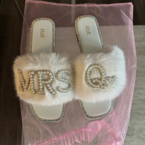 Bride Faux White Fur- Mrs. Slides, Personalized Bride Slides ...