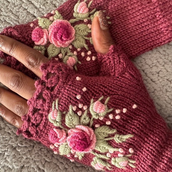 Light Blue Wrist Warmers With Embroidered Bees, Knitted Fingerless ...