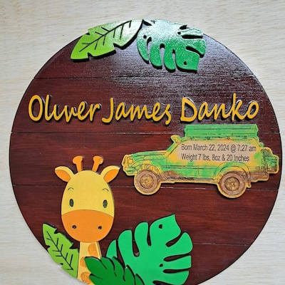 Giraffe Baby Name Sign SVG, Jungle Animals Round Nursery Name Sign ...