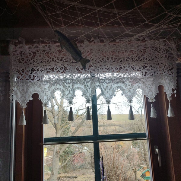 Vintage Style White Battenburg Lace Window Valance: Shabby Chic Fringed ...