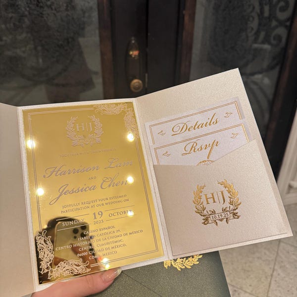 Gold Mirrored Wedding Invitation, Custom Cut Mirrored Wedding ...