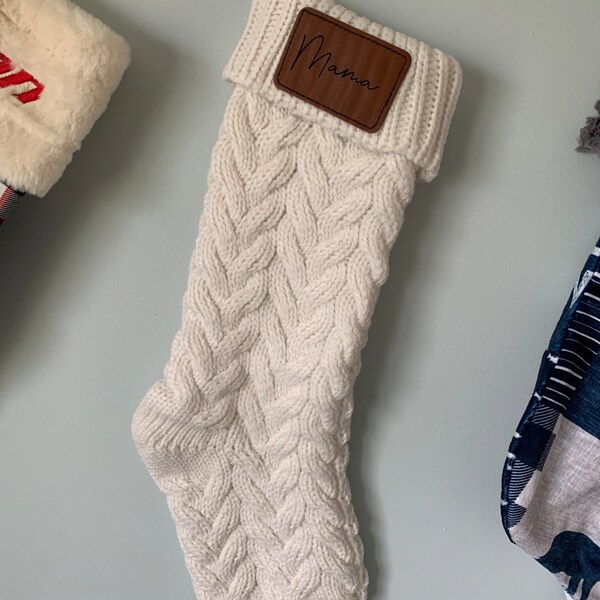 Personalized Cable Knit Stockings for Christmas, Stockings With Leather Patch, Stockings With ...