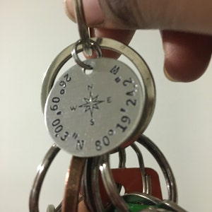Custom Coordinates Keychain With Compass Rose Hand Stamped Latitude ...