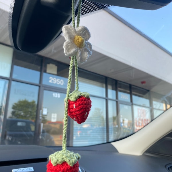Strawberry Car Mirror Hanging Accessories,crochet Strawberry, New Car ...