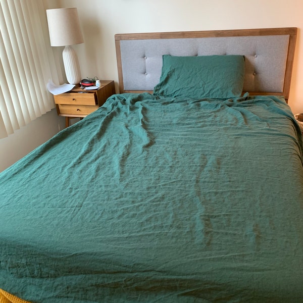 Forest Green Linen Sheet Set 1 Flat Sheet and 1 Fitted Sheet and 2 ...