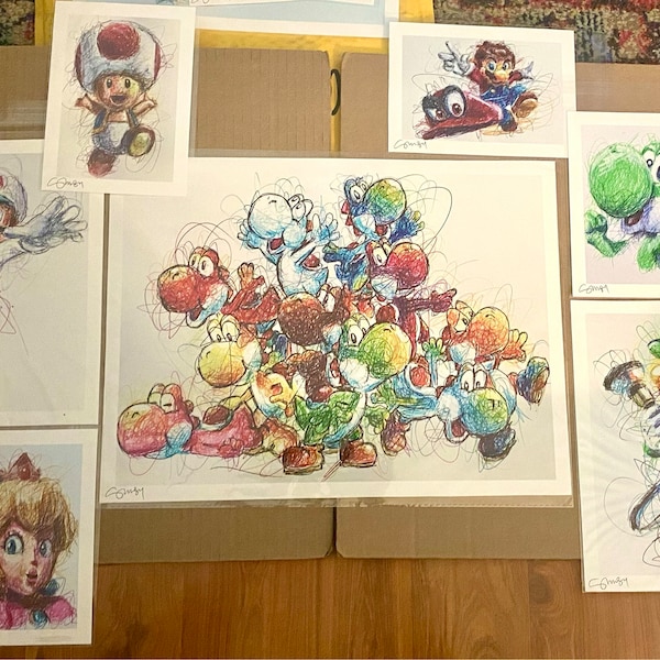 Super Mario Ballpoint Pen Print Set, Video Game Art, Super Mario Art ...
