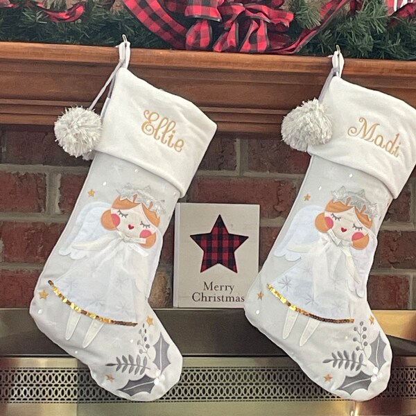 Angel Christmas Stocking, Cream Angel Stocking, Personalized Christmas ...