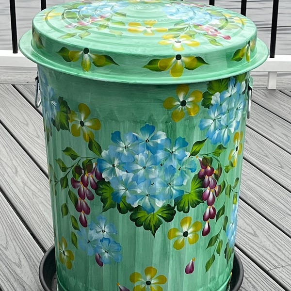 Hand Painted Trash/garbage Can - 20 Gallon Cobalt Wash, Palm Trees ...