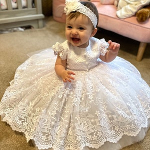 White Christening Dress, Toddler Baptism Dress With Train, Godparent ...