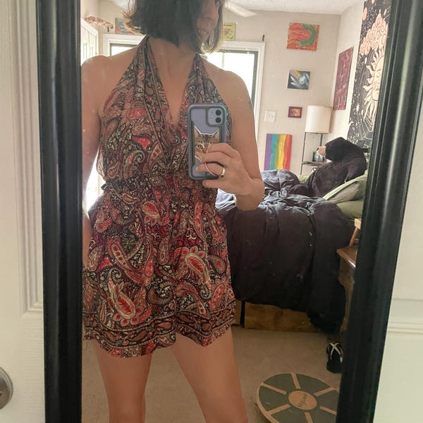 Paisley Long Romper L Ruffled Sleeve Jump Suit L Lettuce Trim V Neck ...