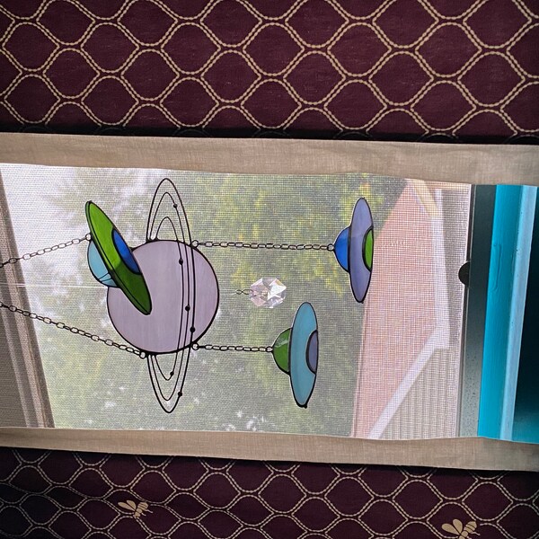 Dreamcatcher UFO and Saturn Stained Glass Decor Suncatcher UFO Window Panel Wall Decor for a ...