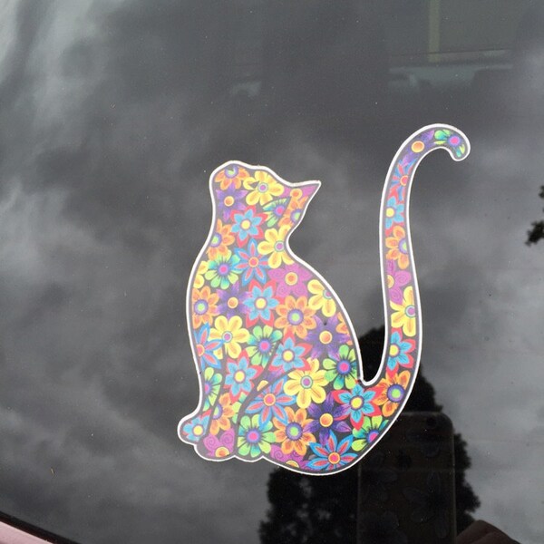Cat Sticker Car Decal Laptop Decal Bumper Sticker Colorful Flowers ...