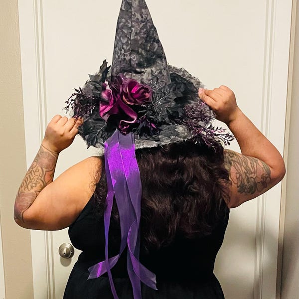 Nightshade Witch Hat - Enchanted Black Gothic Roses, Shimmered Leaves ...