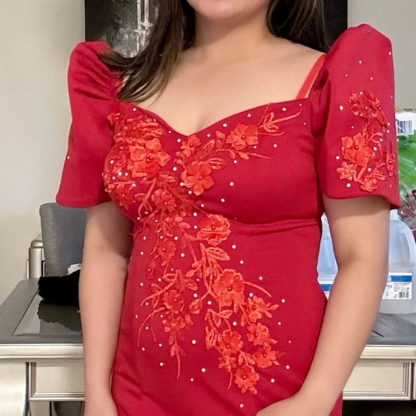 Modern Filipiniana Gown With Slit Duchess Fabric Beige, Black and White ...