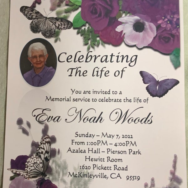 Purple Roses Butterfly Funeral Announcement | Celebration of Life ...