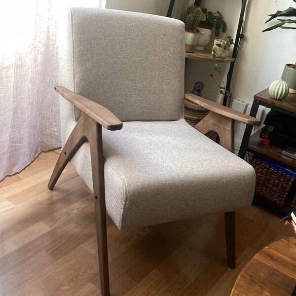 Mid-century Modern Armchair in Beige Linen, Handmade Vintage-style ...