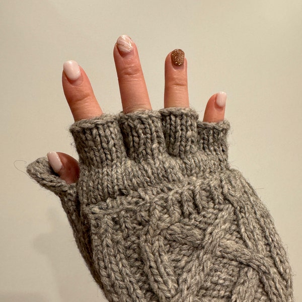 Hand Knit Gray Flower Fingerless Gloves Wool Texting Mittens Fleece ...