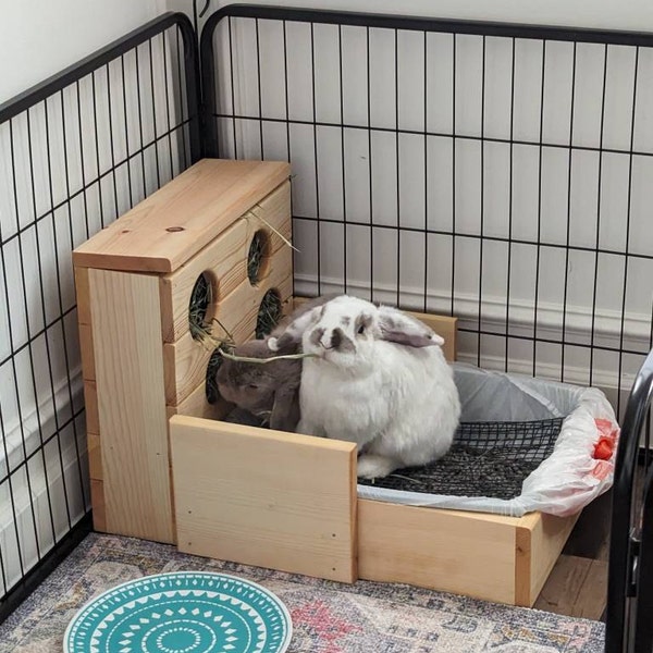 Rabbit Hay Feeder With Litter Box, Litter Pan & Hay Feeding Station ...