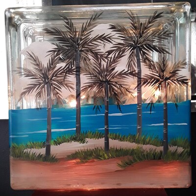 Palm Tree Glass Lighted Block Palm Tree, Tropical Scene on A Lighted ...