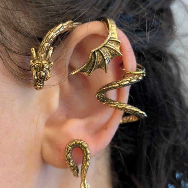 NO PIERCING Dragon Cuff With Large Wing in Gold Dragon Earrings, Dragon ...