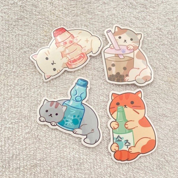 Cat With Asian Drinks Stickers/bubble Tea/ Soju/yakult/ramune/boba/yogurt/kawaii/cute - Etsy