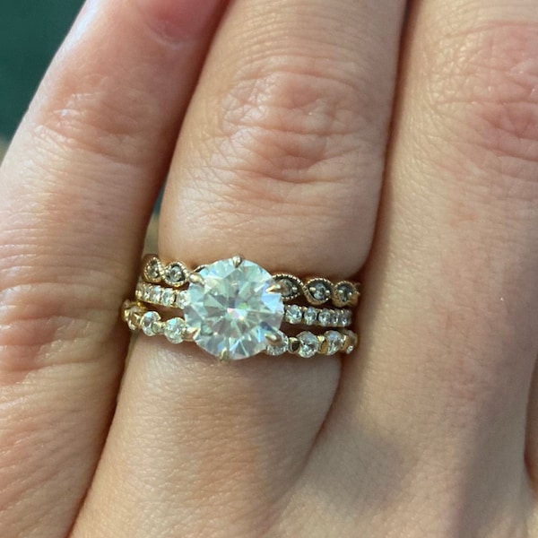 Floating Diamond Wedding Band 14K Solid Real Gold With Simulated ...