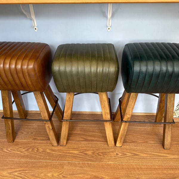 Leather Breakfast Bar Kitchen Counter Stool - Wood Legs Pommel Horse ...