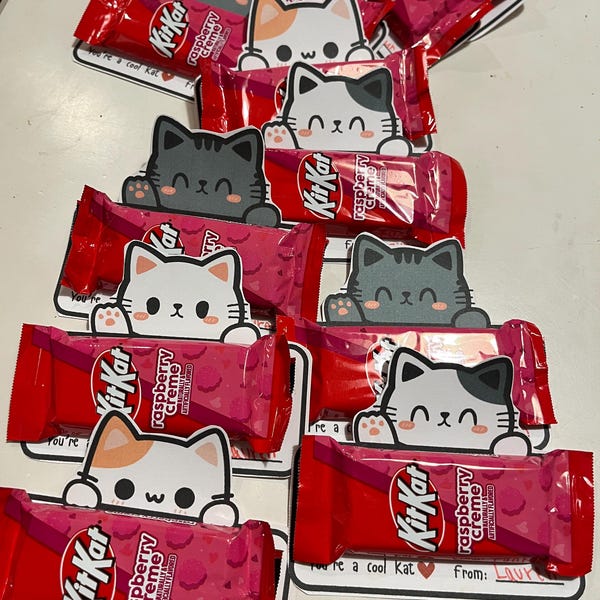 Printable Cat Valentine Favor Tag – Kitkat Candy Treat, Classroom ...