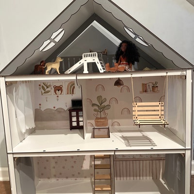 Gray Large Dollhouse With Terrace and Balcony Modern Doll House for ...