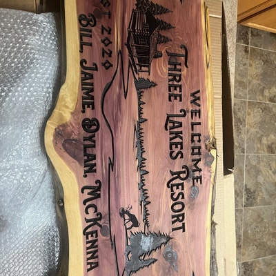 Live Edge Wood Sign Wooden Cedar Carve Cabin Outdoor Sign Custom Wood ...