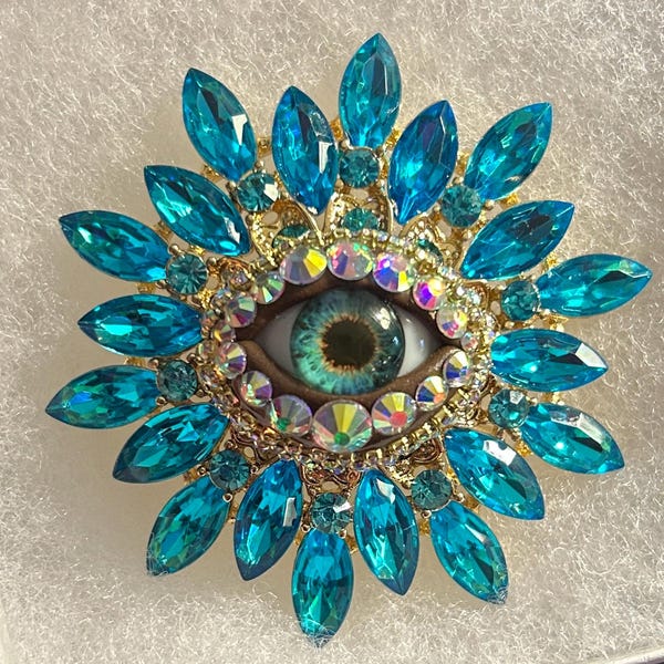 Vintage Blue Eyeball Brooch, Handmade Glass Iris, Rhinestone Sunburst ...
