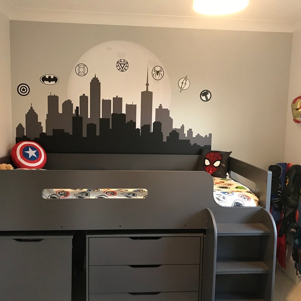 Superhero Wall Decal Boys Room. Cityscape Art Stickers for Playroom ...