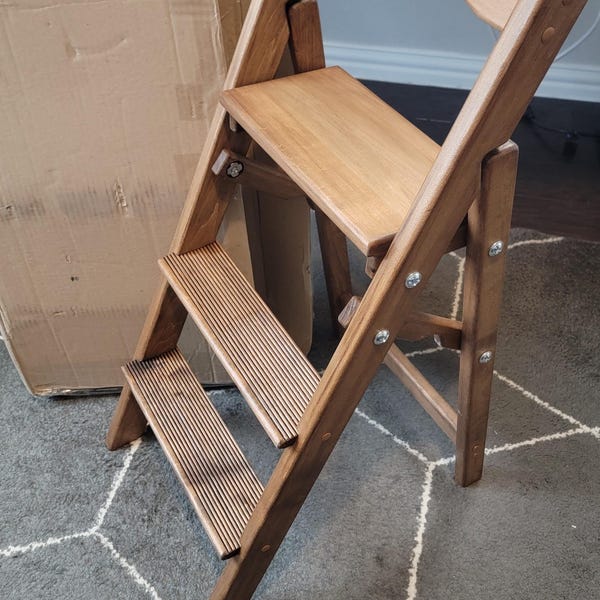 Handmade Stepladder, Natural Wood Folding 3-step Stepladder Portable ...