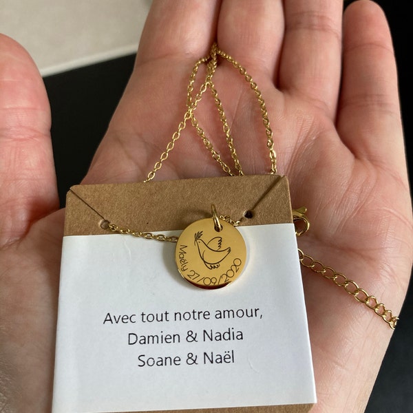 Collier personnalisé enfant avec médaille gravée colombe, Collier ...