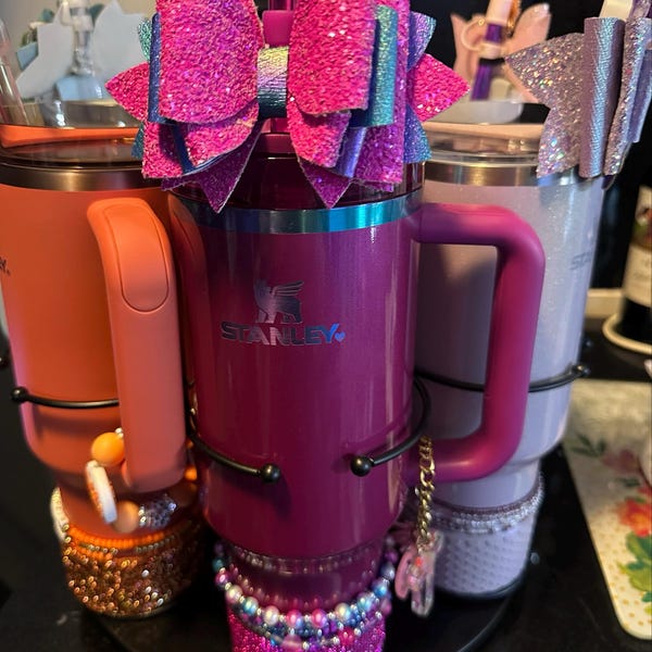 Stanley Tumbler Bow Iridescent Pink Light Pink Glitter Straw Topper ...