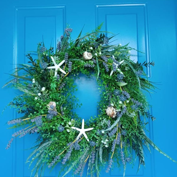 Coastal Wreath for Front Door With Starfish, Beach Wreath With Starfish ...