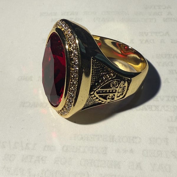 Ruby Red Cubic Zirconia 14k Gold Plated Bishop Cross and Midre Ring ...
