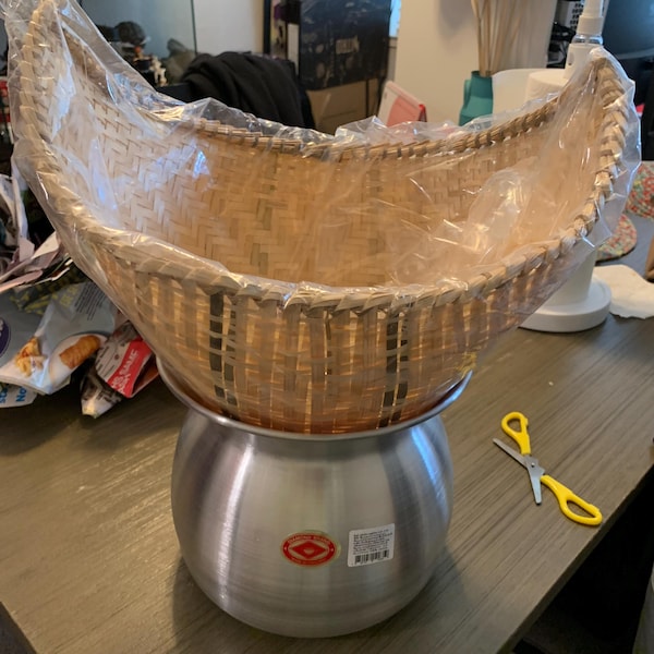 Set of Sticky Rice Steamer Pot and Handmade Bamboo Basket Cook Kitchen ...
