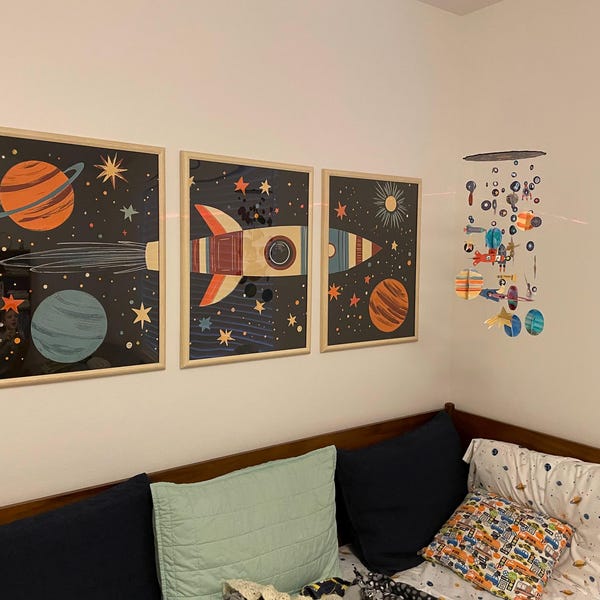 Space Rocket Wall Art Set of 3, Retro Rocket Print, Kids Room Space ...