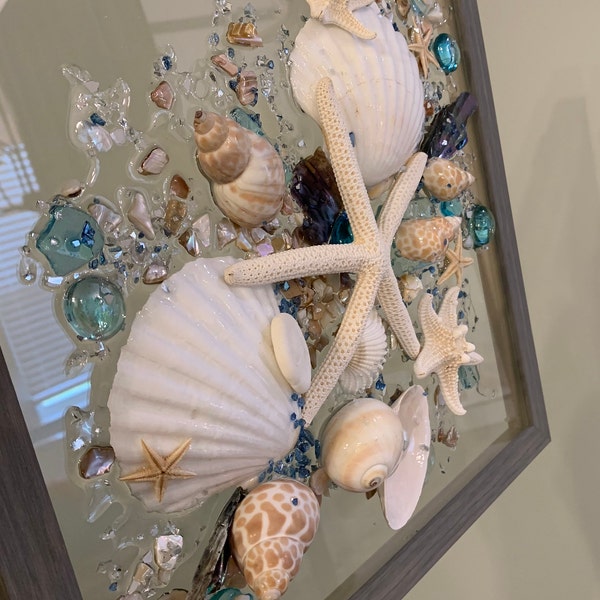 Shell Art for Beach House Decor, Seashell Glass Art in Teal Frame ...