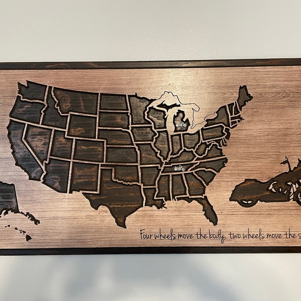 Motorcycle Travel Map Carved Into Wood Push Pin Friendly, Customize ...