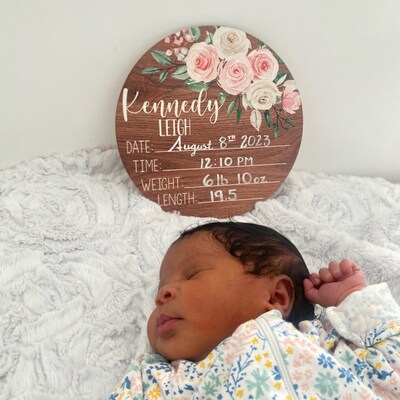 Girl Birth Stat Sign, Blush Floral Birth Stat Sign, Round Wood Birth ...