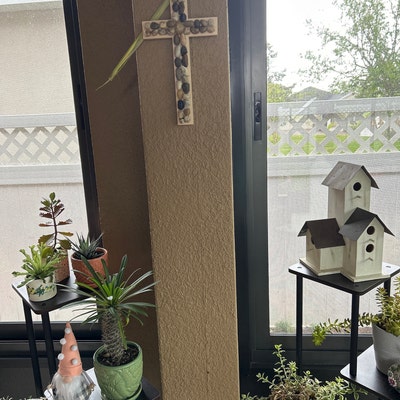 RIVER ROCK Wall Cross Hand Painted Beige Wood Cross W/ River Pebble ...
