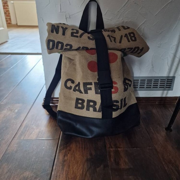 Burlap Roll Top Backpack Upcycled Rucksack Made of Authentic Coffee Bag ...