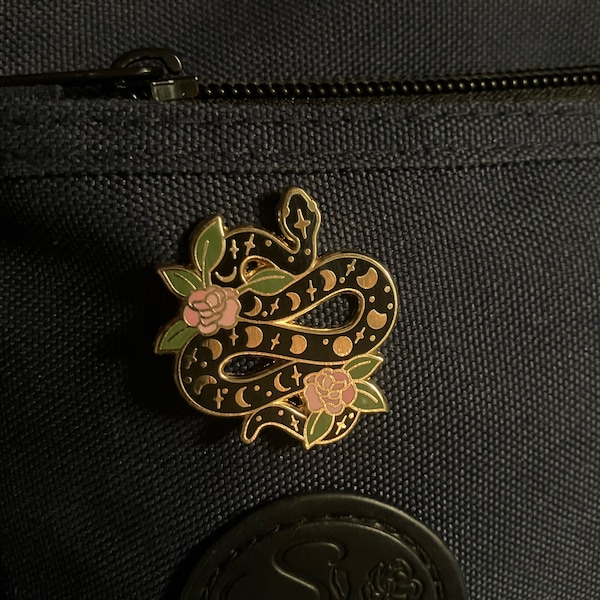 Snake Enamel Pin - Magical W. Moon Phases & Flowers - Black Gold ...